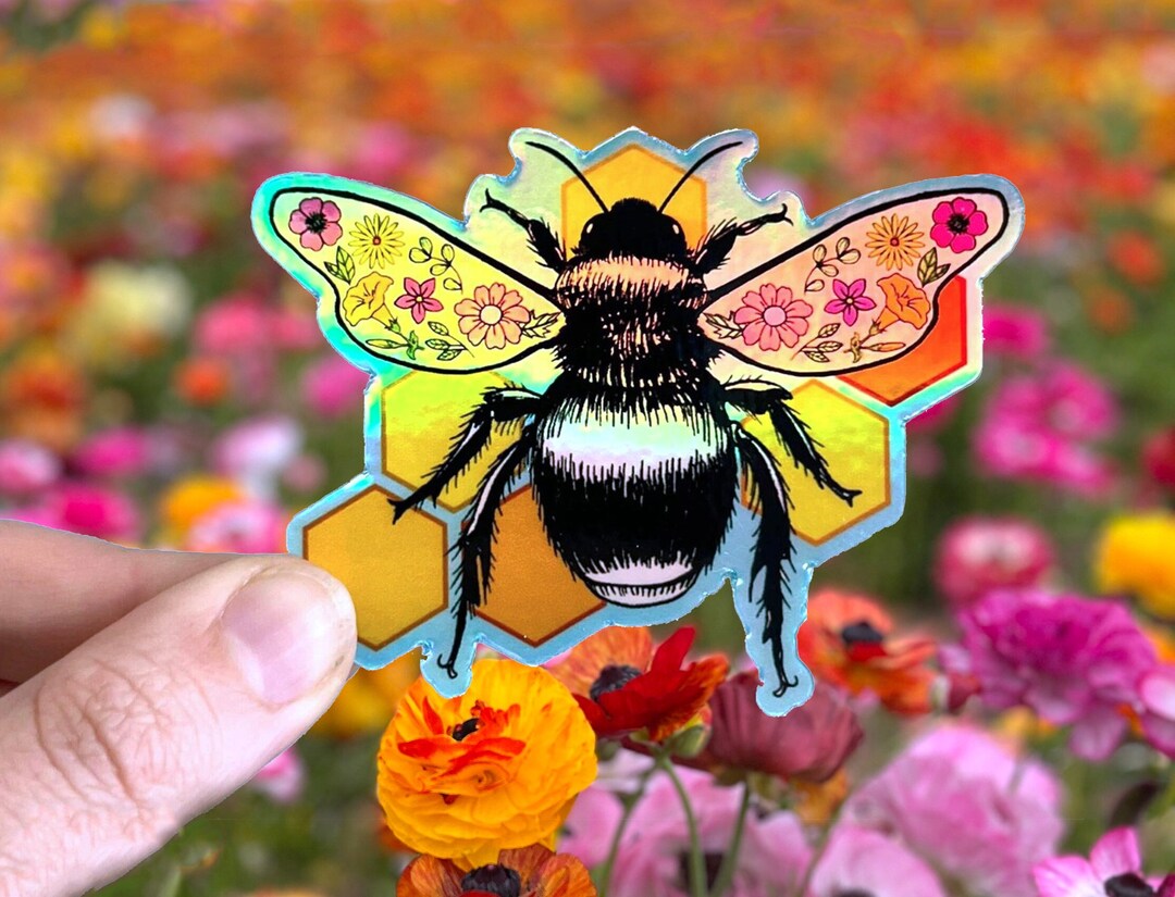 Bee Sticker, Floral Honey Bee, Vinyl Insect Holographic Sticker, Nature ...
