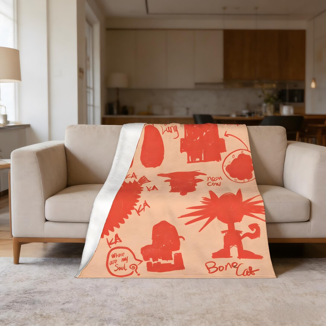 Edgy Street Art Flannel Blanket, Whimsical Bone Cat Soft Plush Throw ...
