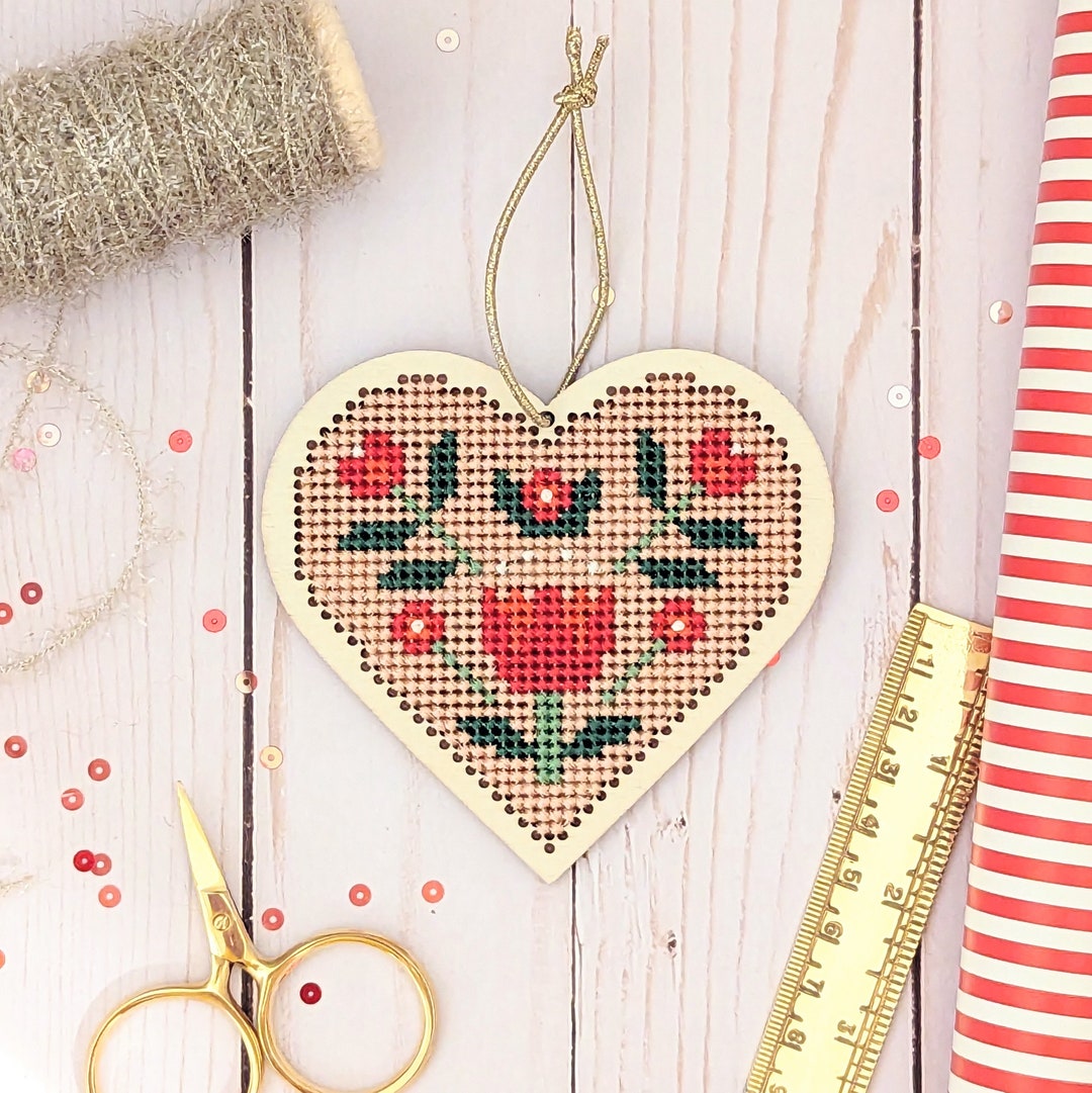 Cross Stitch KIT, Floral Valentine, Wooden Heart - Etsy