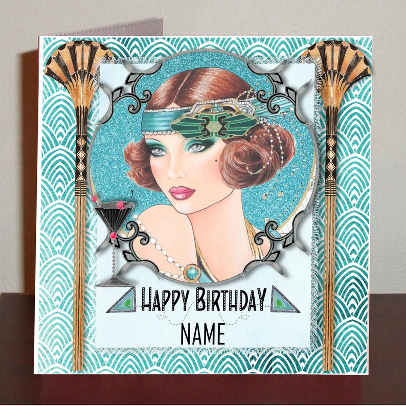 Art Deco Female Birthday Card With Flapper and Cocktail. | Etsy