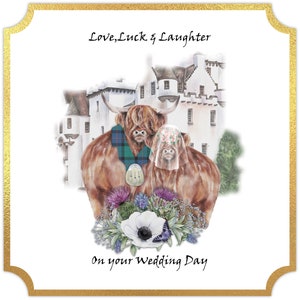 Scottish Highland Cow Wedding Card With Various Tartans, Highland Cow ...