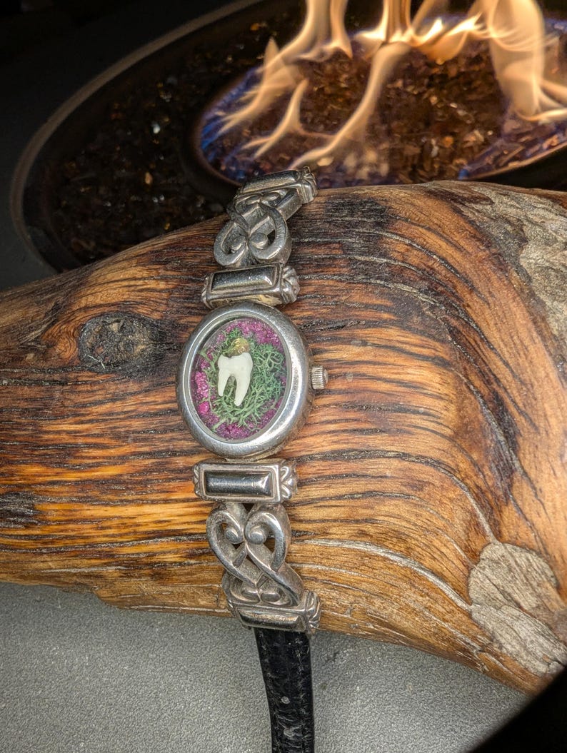 UV Reactive Vampire Watch!! Muskrat Tooth With Lab Ruby in Repurposed ...