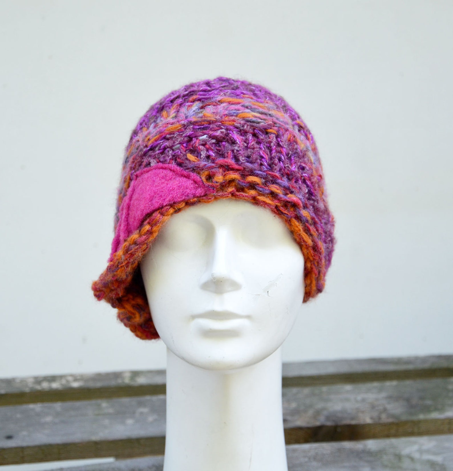Retro Flapper Hat Fuchsia Knit Cloche Hat Hand Knitted Soft Wool ...