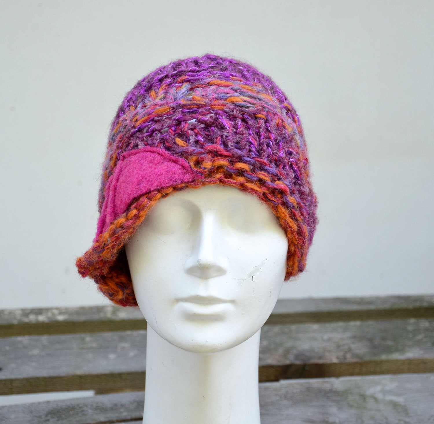 Retro Flapper Hat Fuchsia Knit Cloche Hat Hand Knitted Soft Wool ...