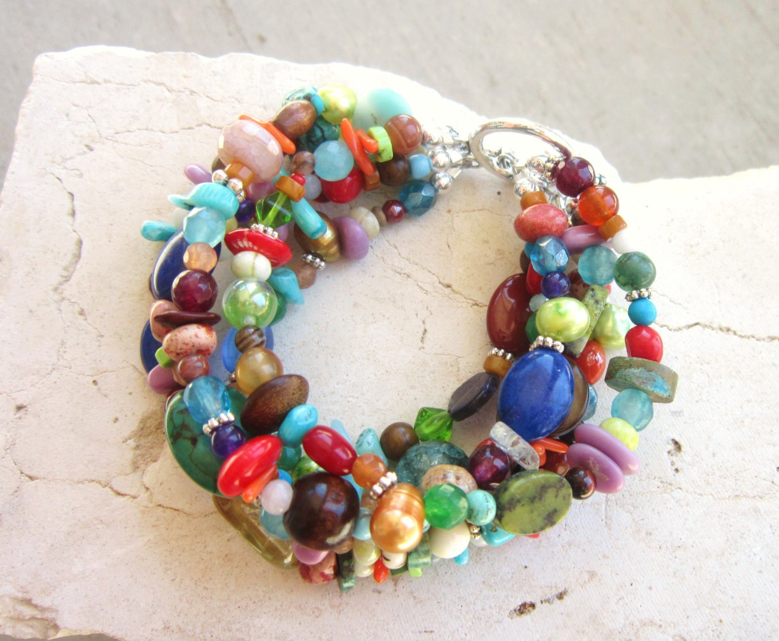 Multi Semi Precious Stone Bracelet. Multi Color Chunky - Etsy