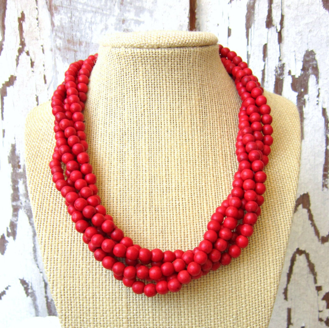 Red Turquoise Necklace. Five Strand Red Howlite Necklace. Red Howlite ...