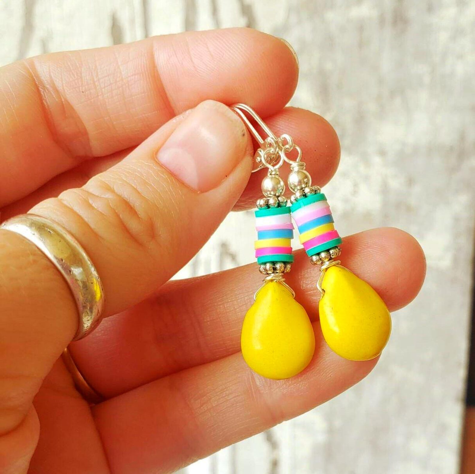 Yellow and Multi Color Earrings. Yellow Howlite Dangle Earrings. Bright ...