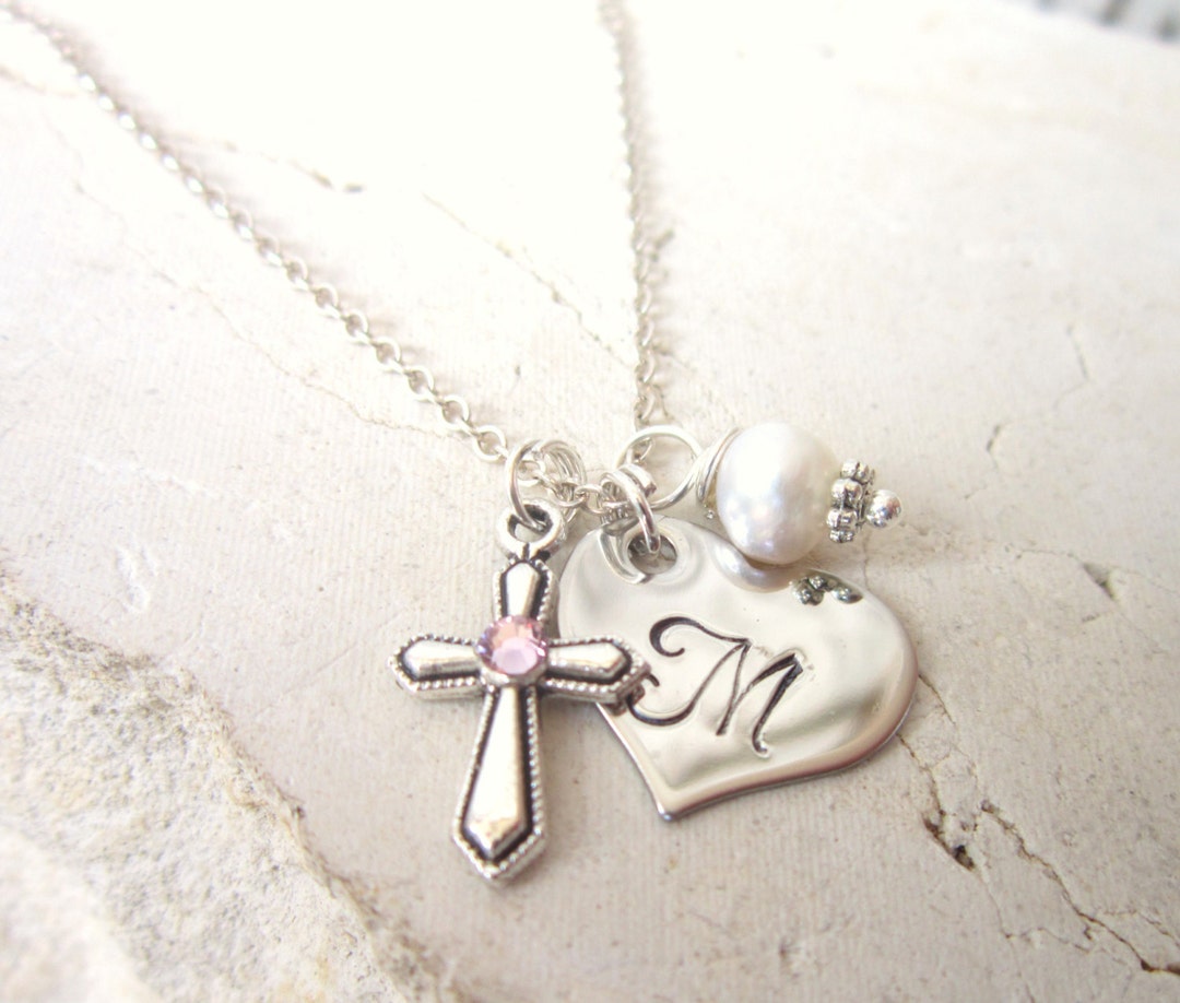 Baptism Gift. Children's Birthstone Cross Necklace. Girl's Heart ...