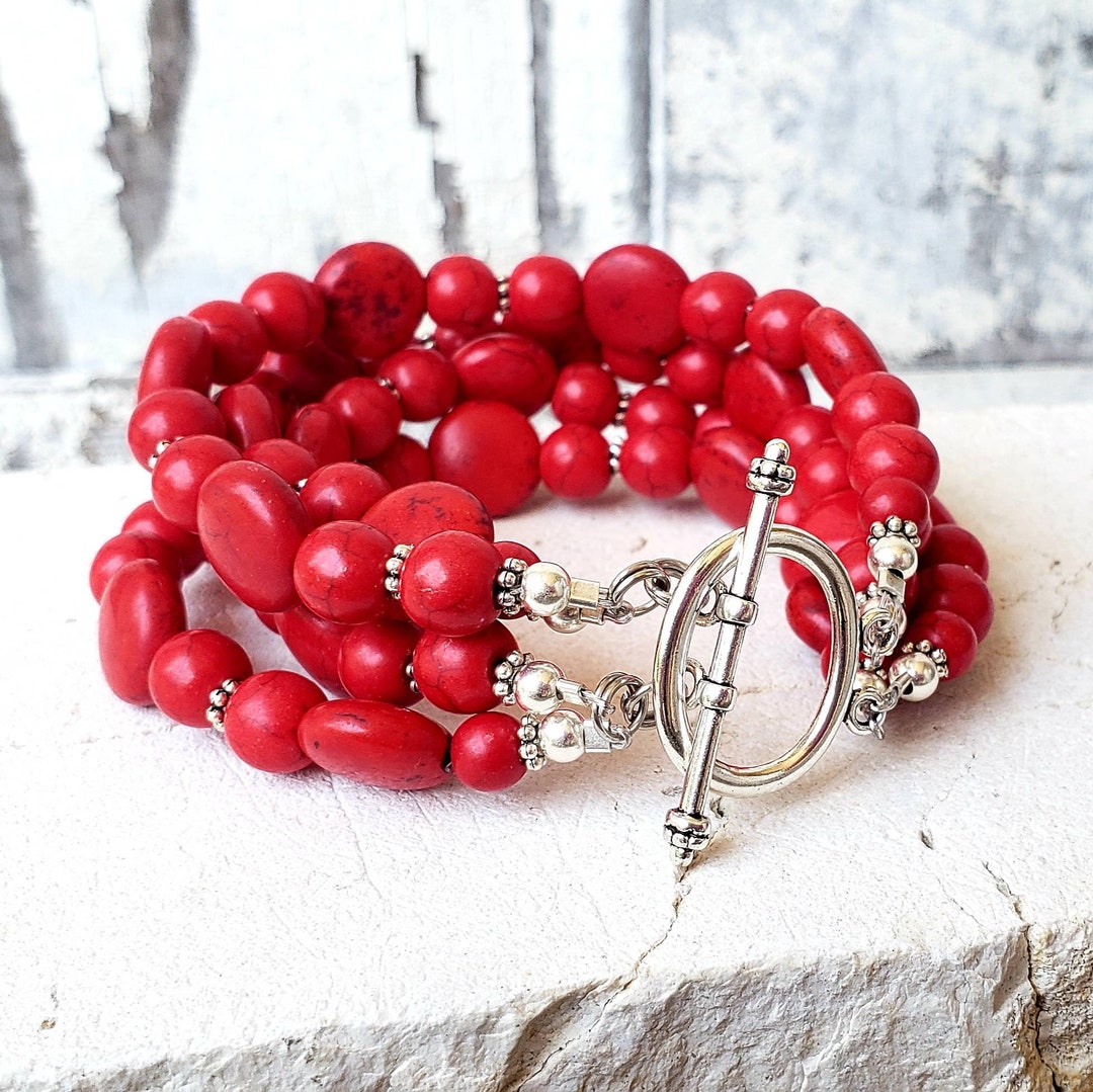 Multi Strand Red Bracelet. Red Howlite Bracelet. Red Semi Precious ...