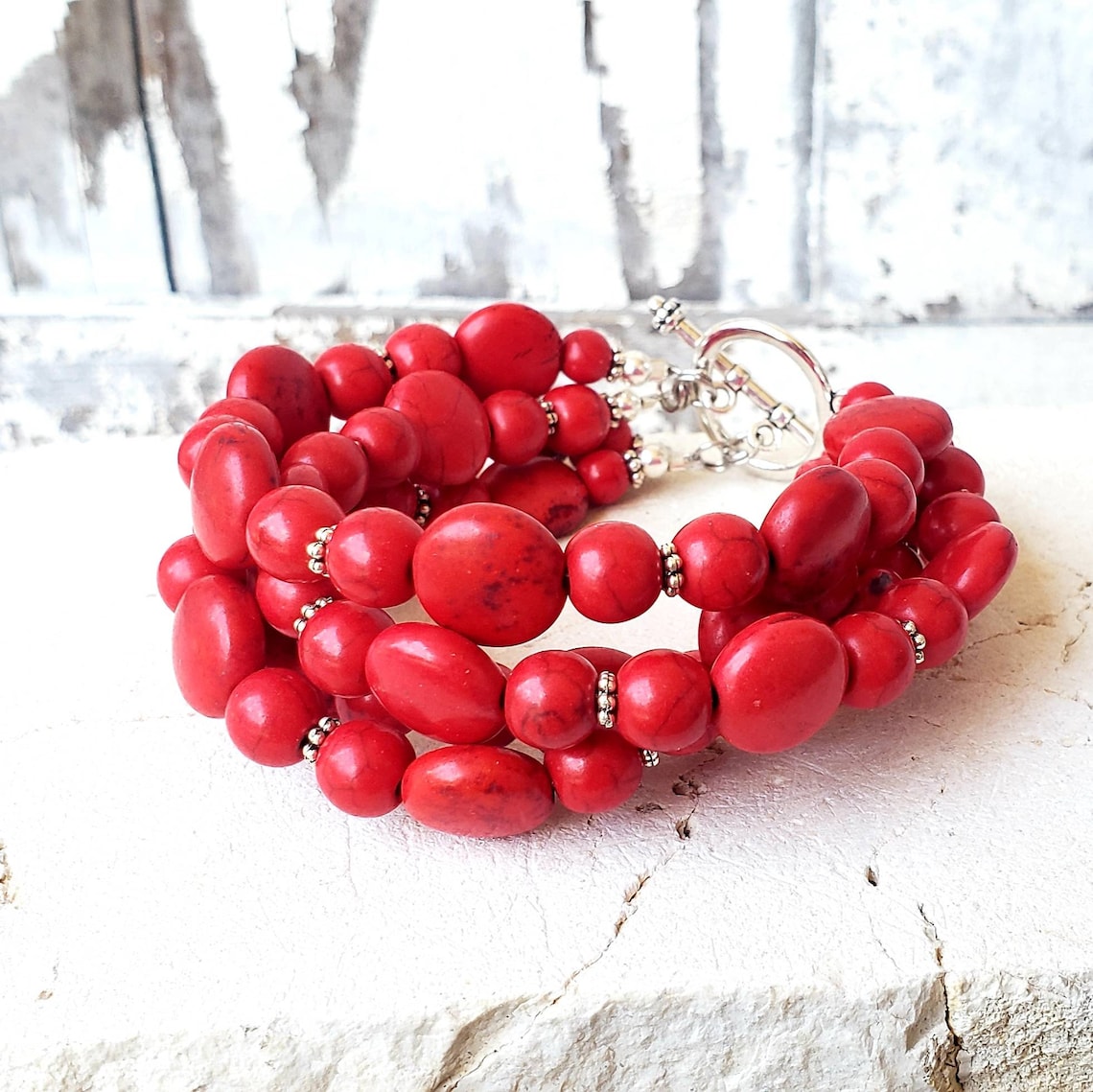 Multi Strand Red Bracelet. Red Howlite Bracelet. Red Semi | Etsy