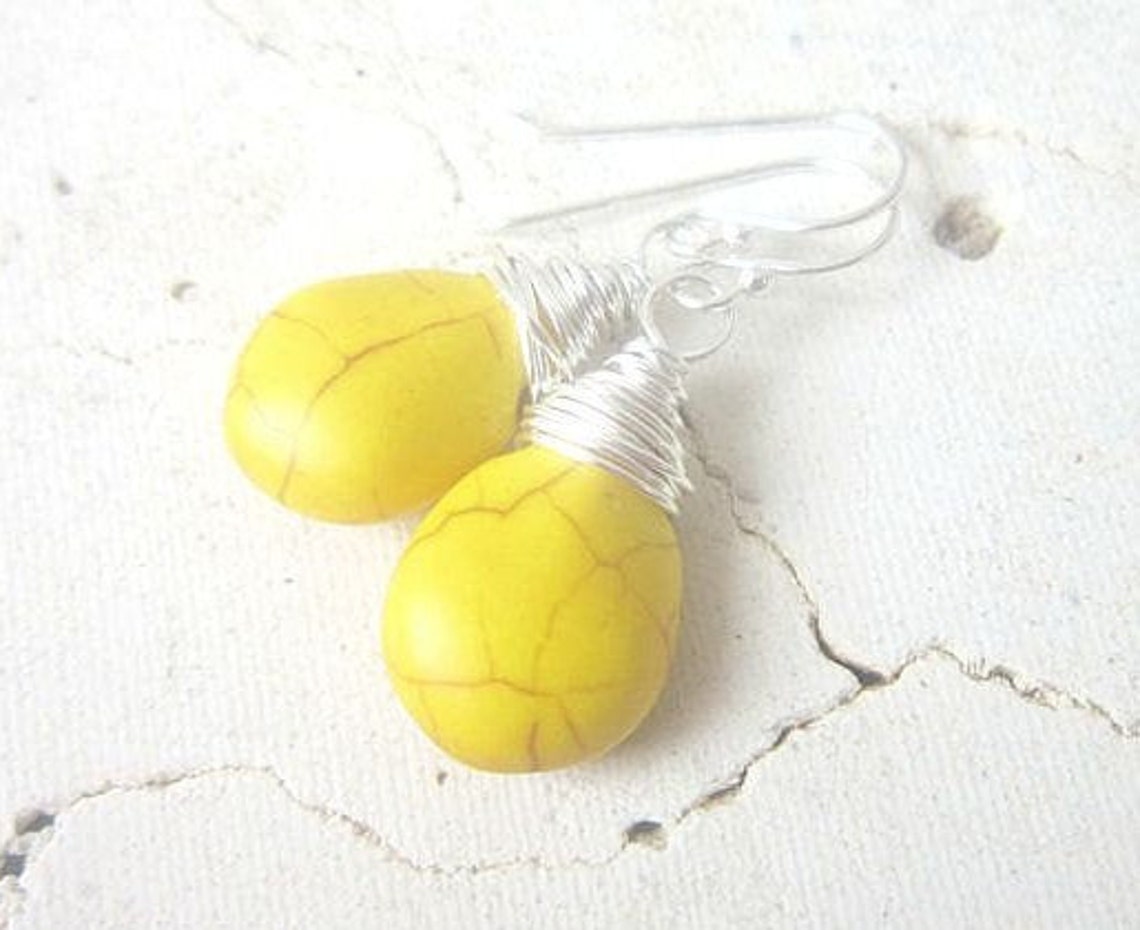 Wire Wrapped Yellow Earrings. Yellow Howlite Turquoise | Etsy