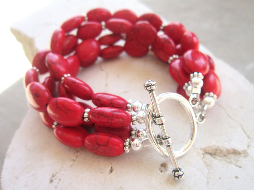 Red Beadwork Turquoise Bracelet. Red Howlite Multi Strand Bracelet. Red ...