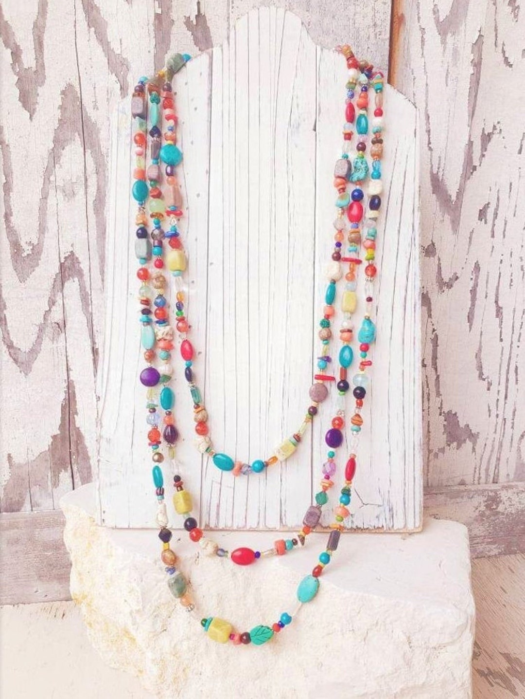 Long Multi Color Necklace. Multi Semi Precious Stone Necklace. Three ...
