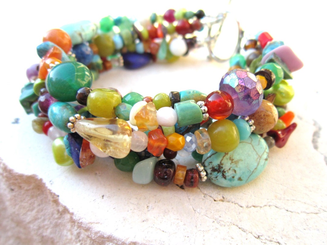 Multi Color Beaded Bracelet. Six Strand Bracelet. Chunky Boho Bracelet ...