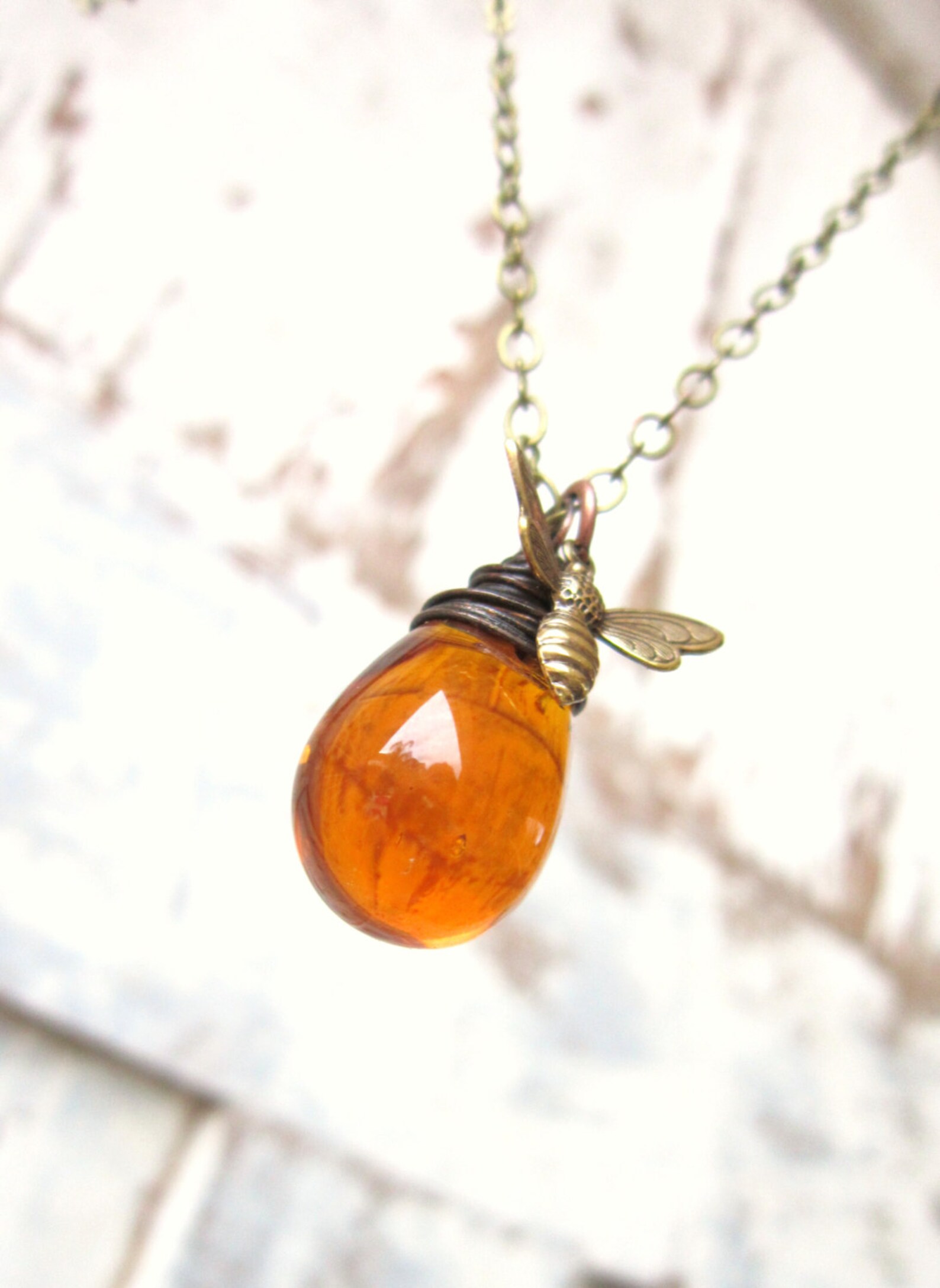 Honey Bee Necklace. Wire Wrapped Briolette Charm Necklace. - Etsy