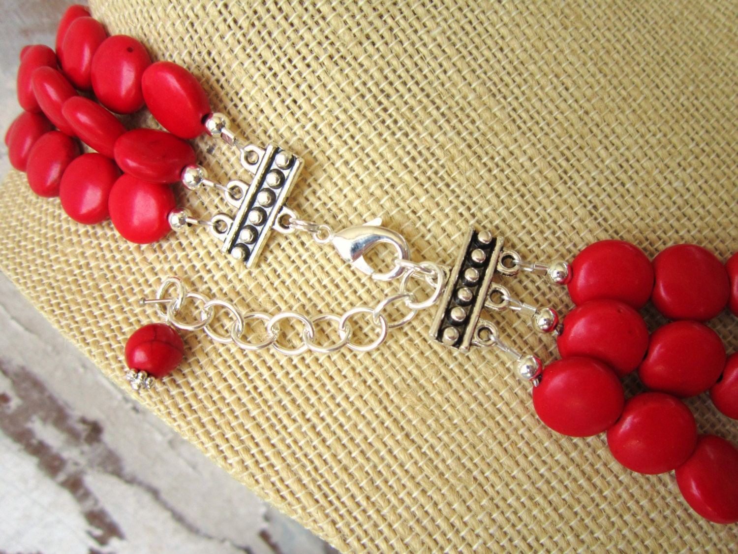 Red Turquoise Necklace.Triple Strand Red Beaded Necklace. Red | Etsy