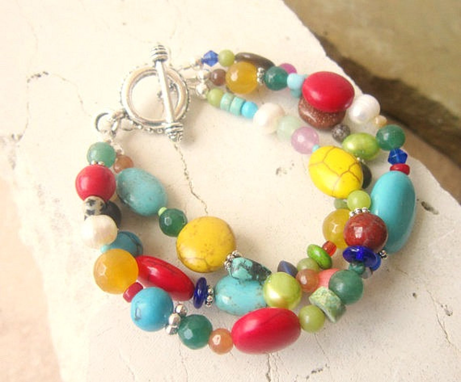 Multi Semi Precious Stone Bracelet. Multi Color Bracelet. Triple Strand ...