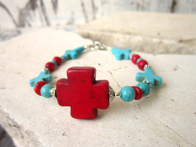 Red and Turquoise Bracelet. Turquoise and Red Cross Bracelet. Turquoise ...