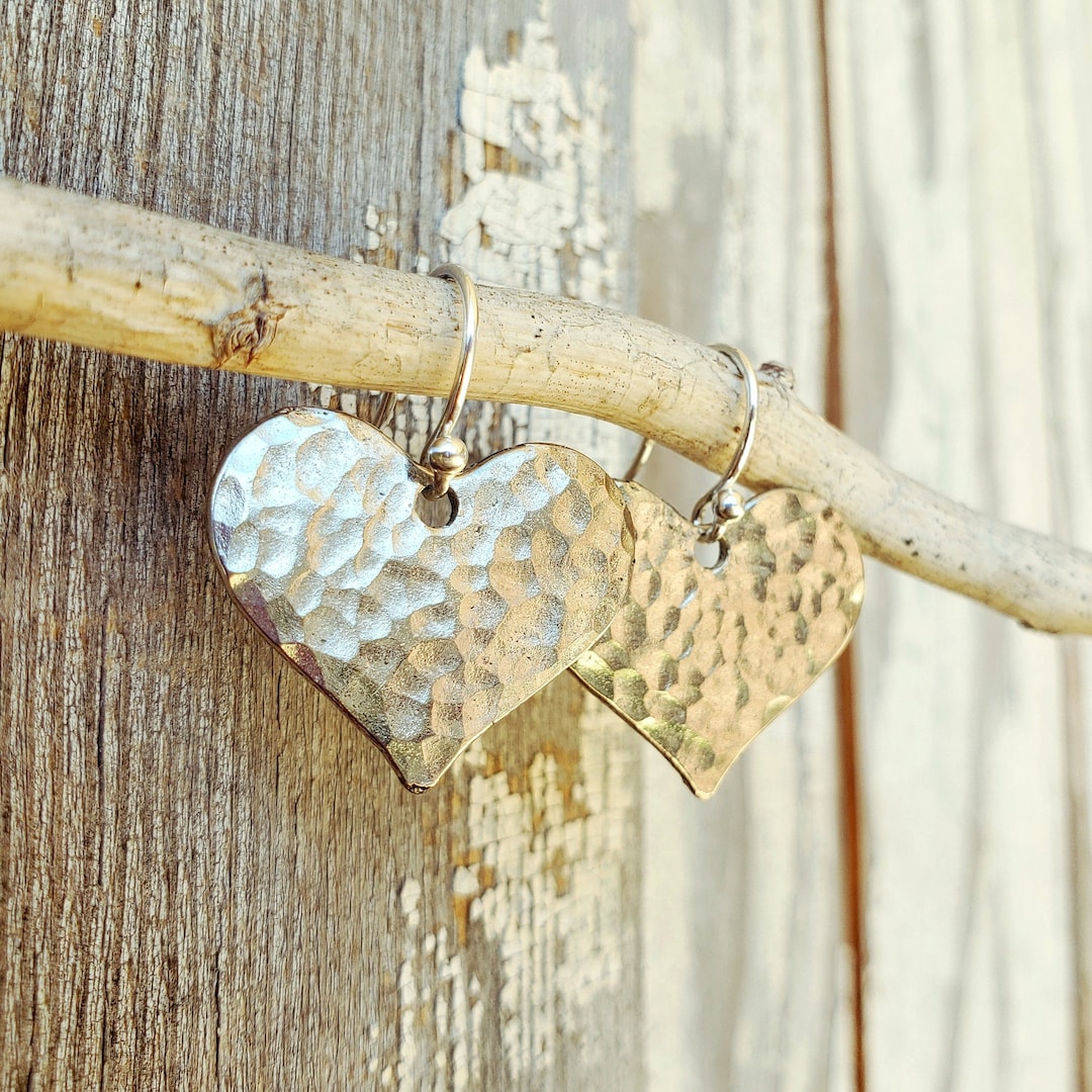 Hammered Sterling Silver Heart Earrings. Silver Heart Dangle Earrings ...