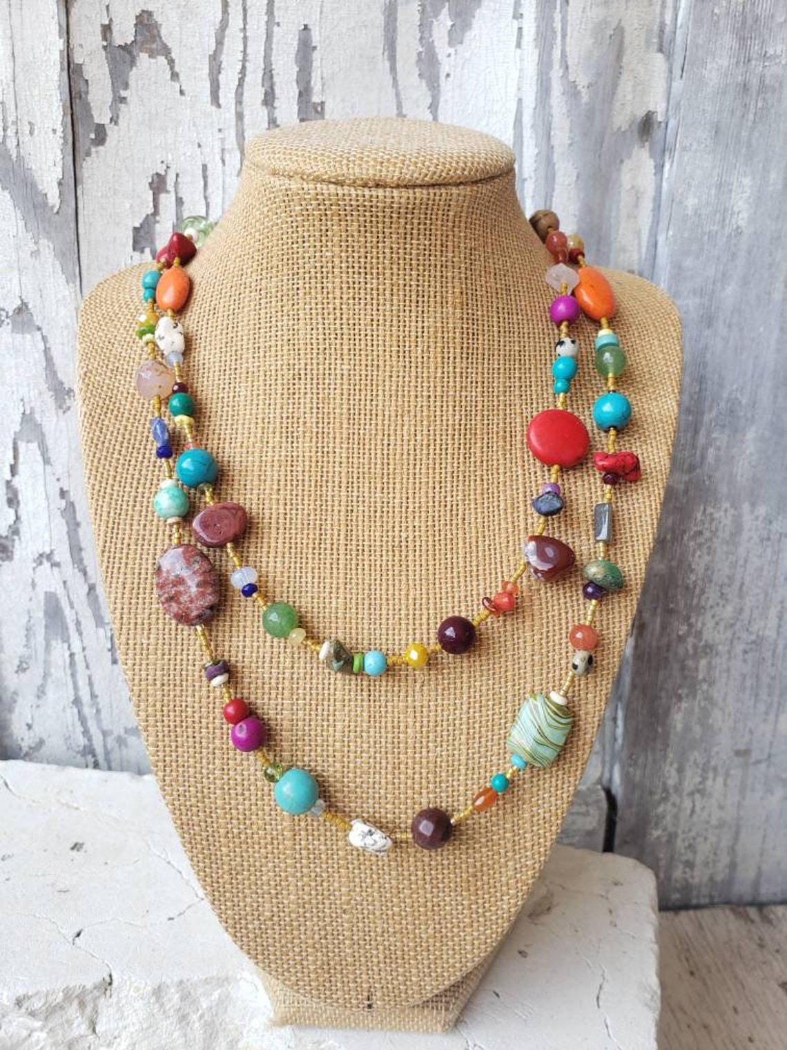 Semi Precious Stone Necklace. Colorful Seed Bead Necklace. - Etsy