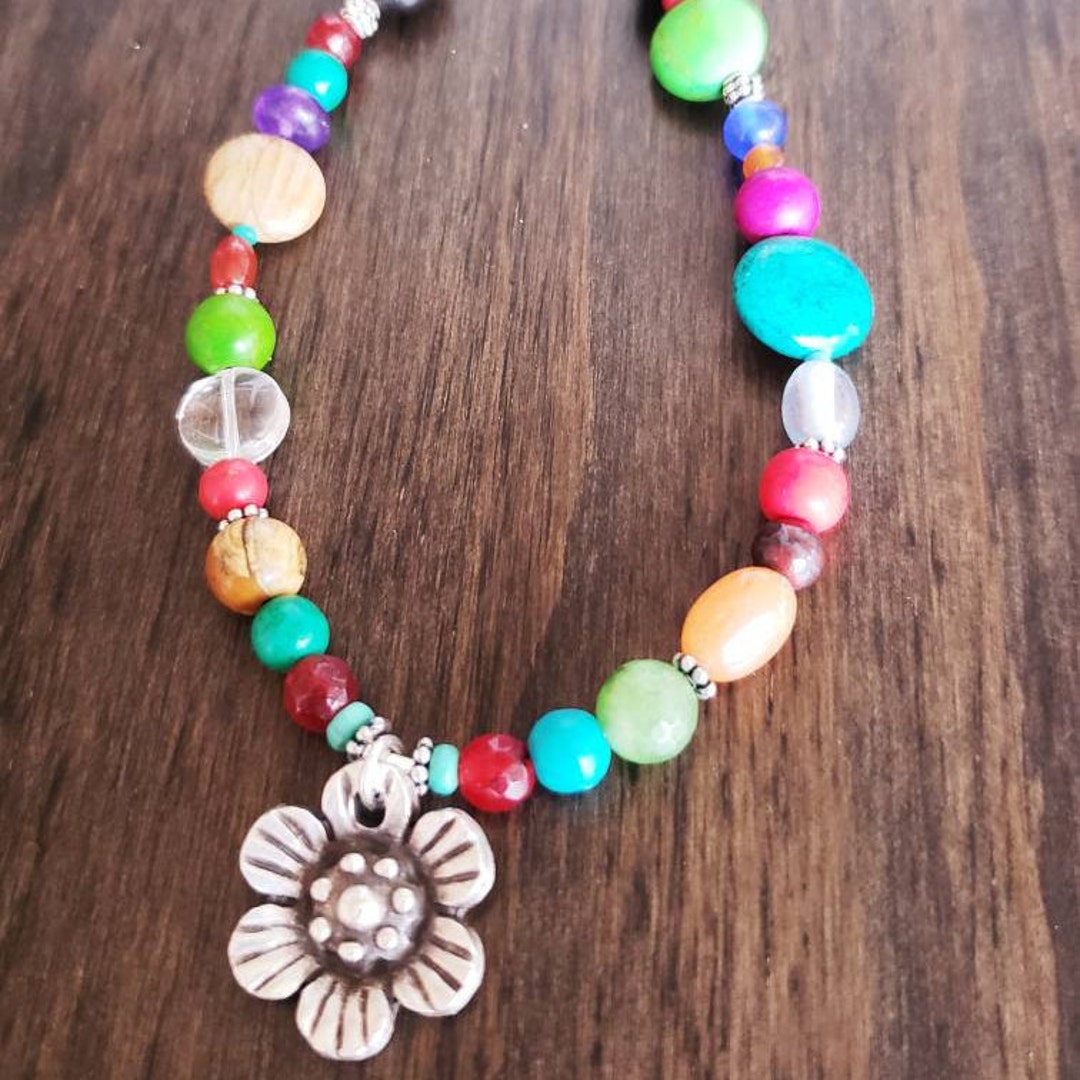 Multi Semi Precious Stone Necklace. Multi Color Flower Pendant Necklace ...