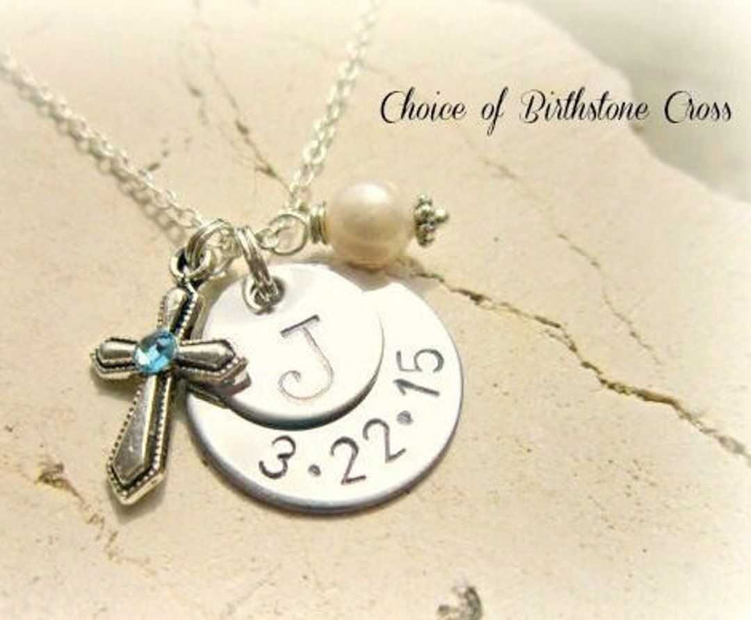 Girl's First Communion Gift. Birthstone Cross Necklace With Stamped ...