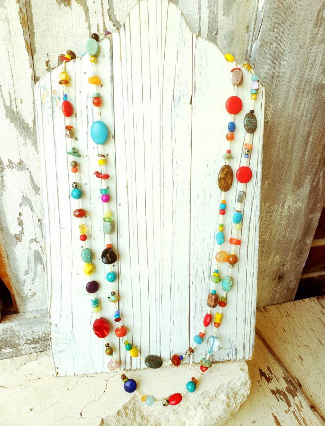 Multi Semi Precious Stone. Bright Multi Color Necklace. Two Strand Long ...