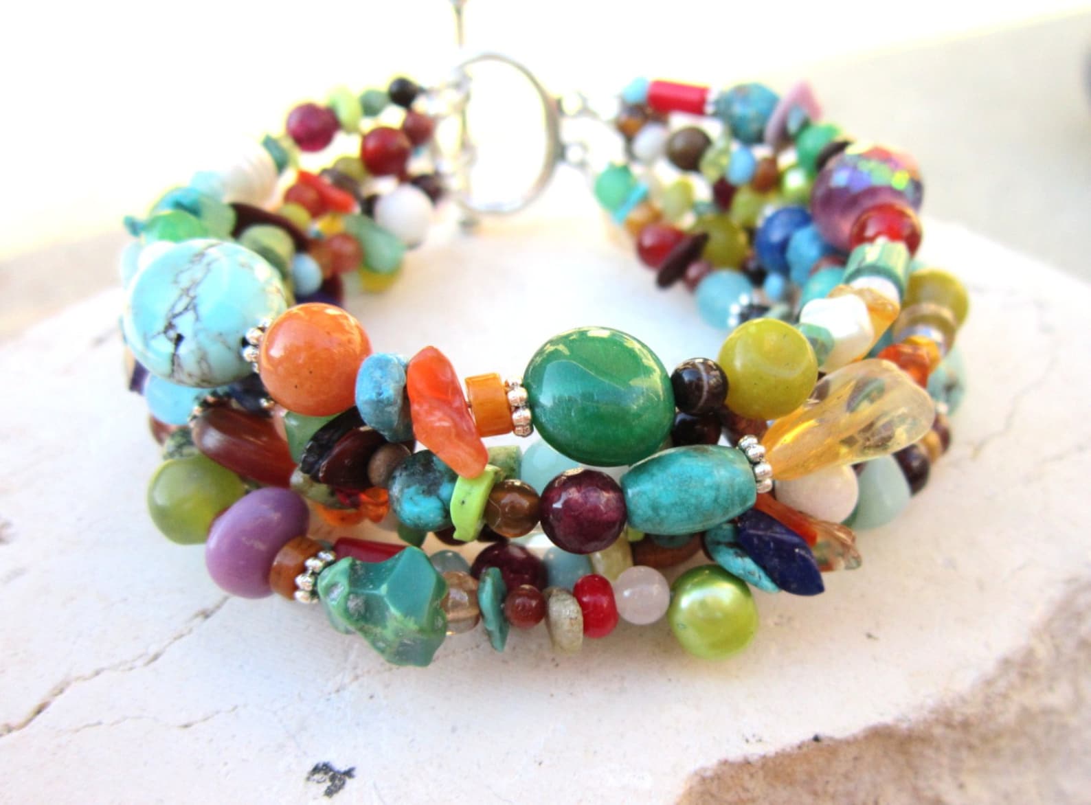 Multi Color Bracelet. Multi Semi Precious Stone Bracelet. Six Strand ...