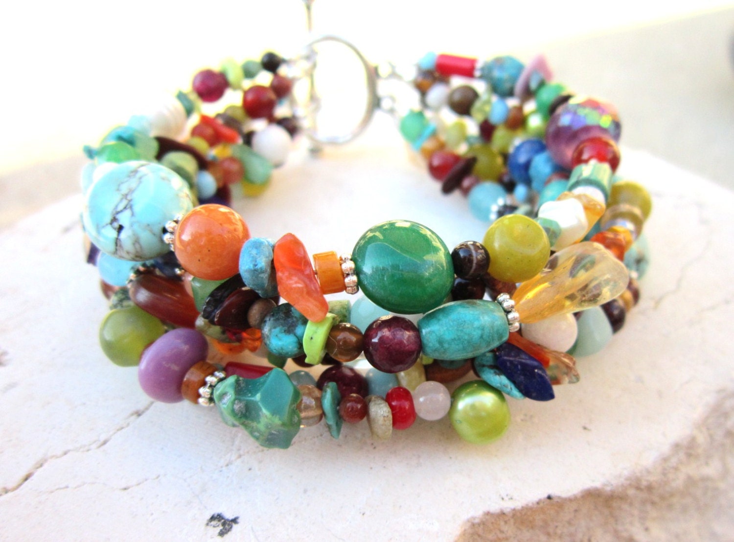 Multi Color Bracelet. Multi Semi Precious Stone Bracelet. Six Strand ...
