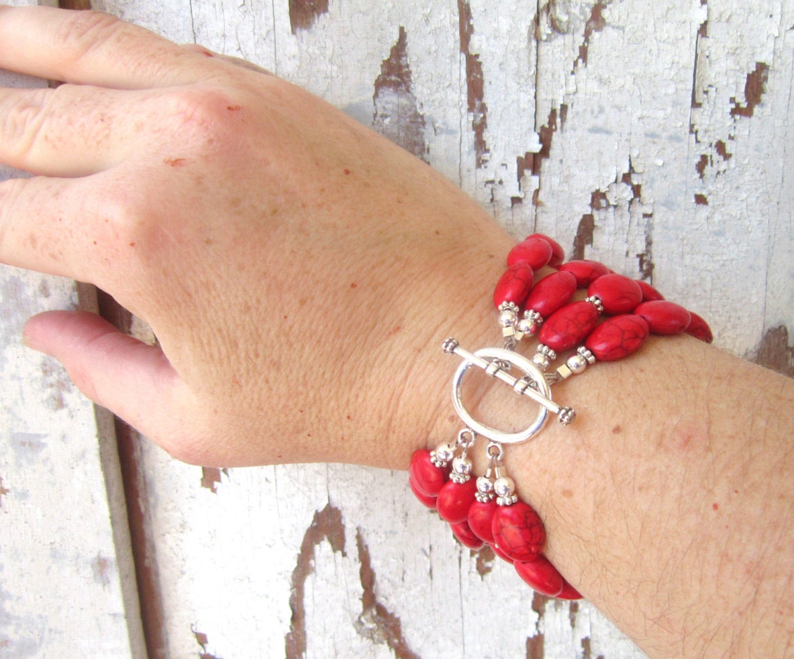 Multi Strand Red Bracelet. Red Howlite Bracelet. Red Semi | Etsy