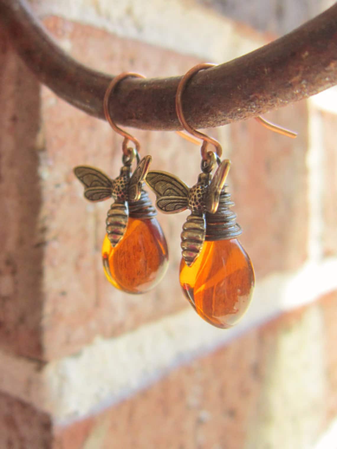 Honey Bee Jewelry.Honey Bee Earrings. Wire Wrapped Drops Honey | Etsy