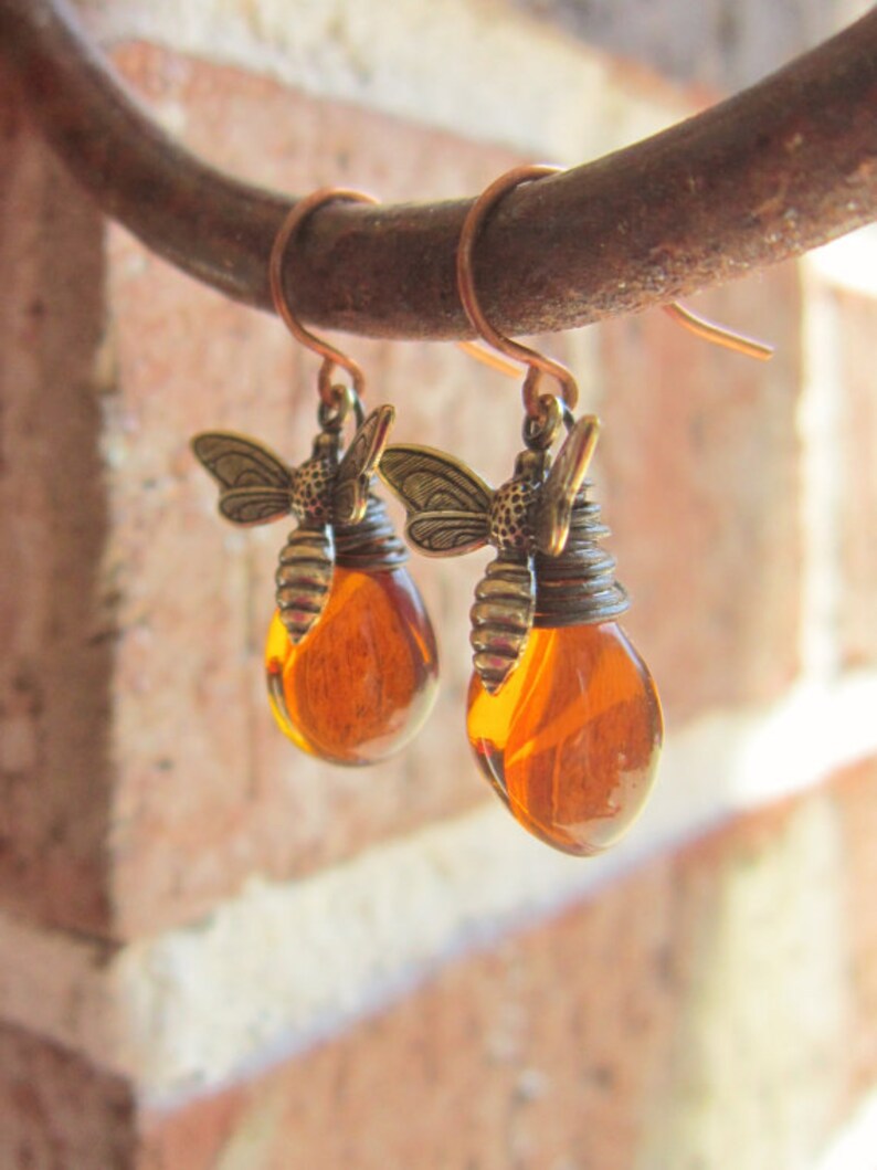 Honey Bee Jewelry.Honey Bee Earrings. Wire Wrapped Drops Honey | Etsy