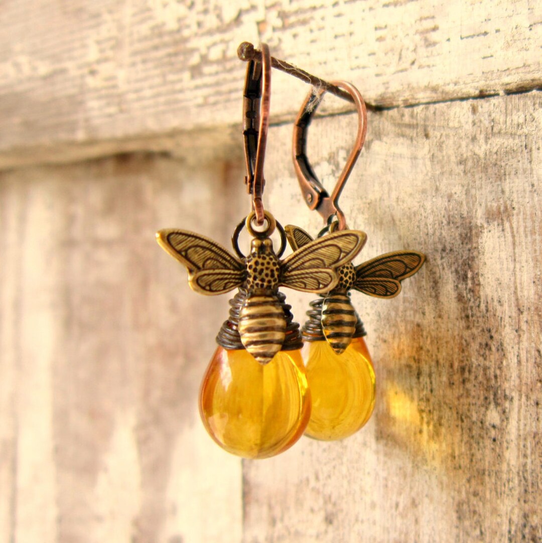 Honey Bee Earrings. Honey Bee Jewelry.wire Wrapped Glass Honey Amber ...