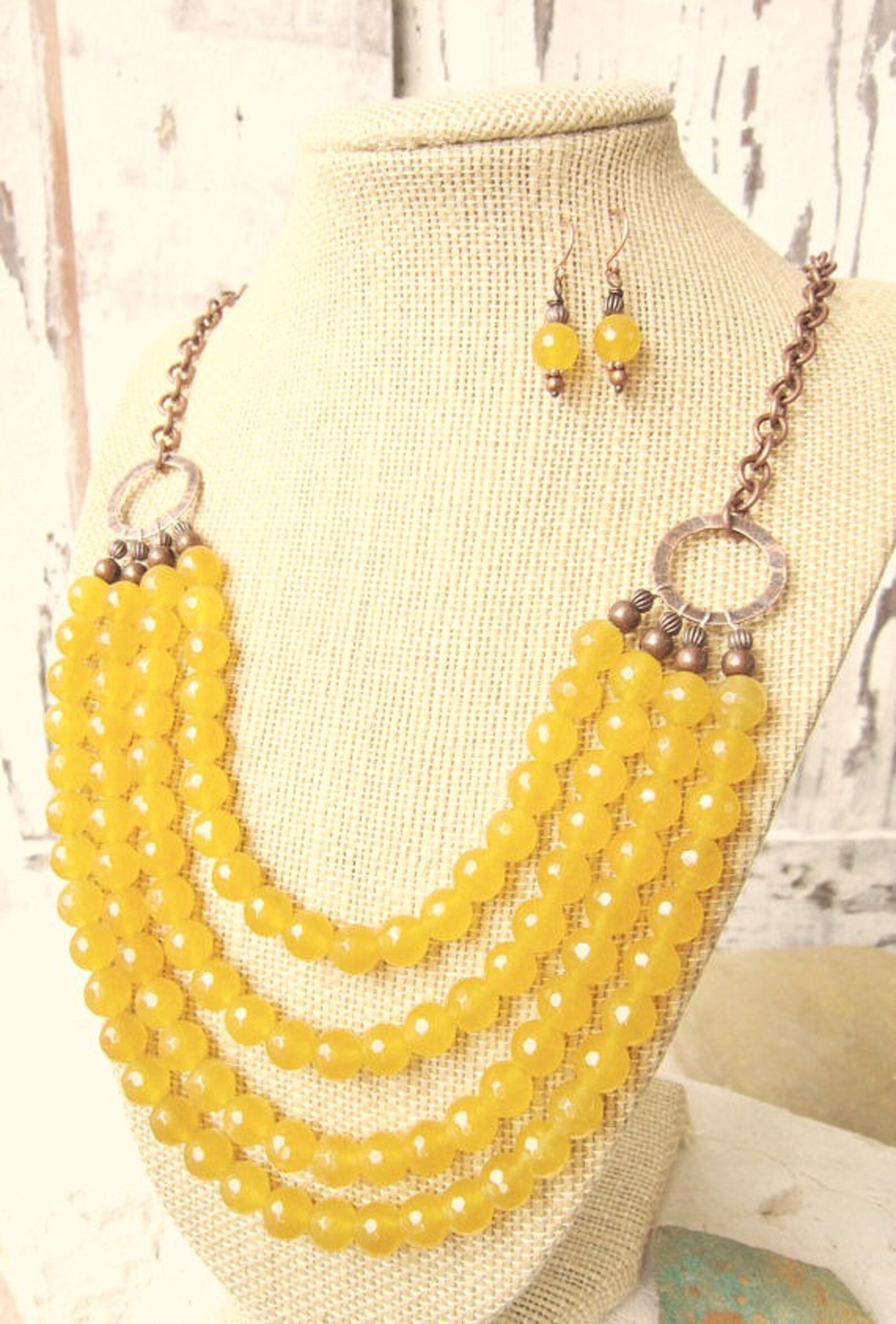 Yellow Jade Bib Necklace. Honey Butterscotch Yellow Multi Strand ...