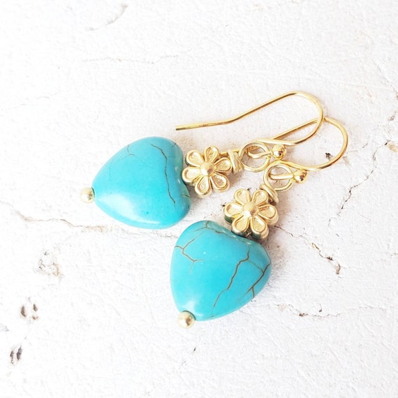 Turquoise Heart Earrings. Howlite Turquoise Dangle Earrings. Gold Flower Earrings. Howlite Turquoise Earrings. Turquoise and Gold Jewelry Etsy