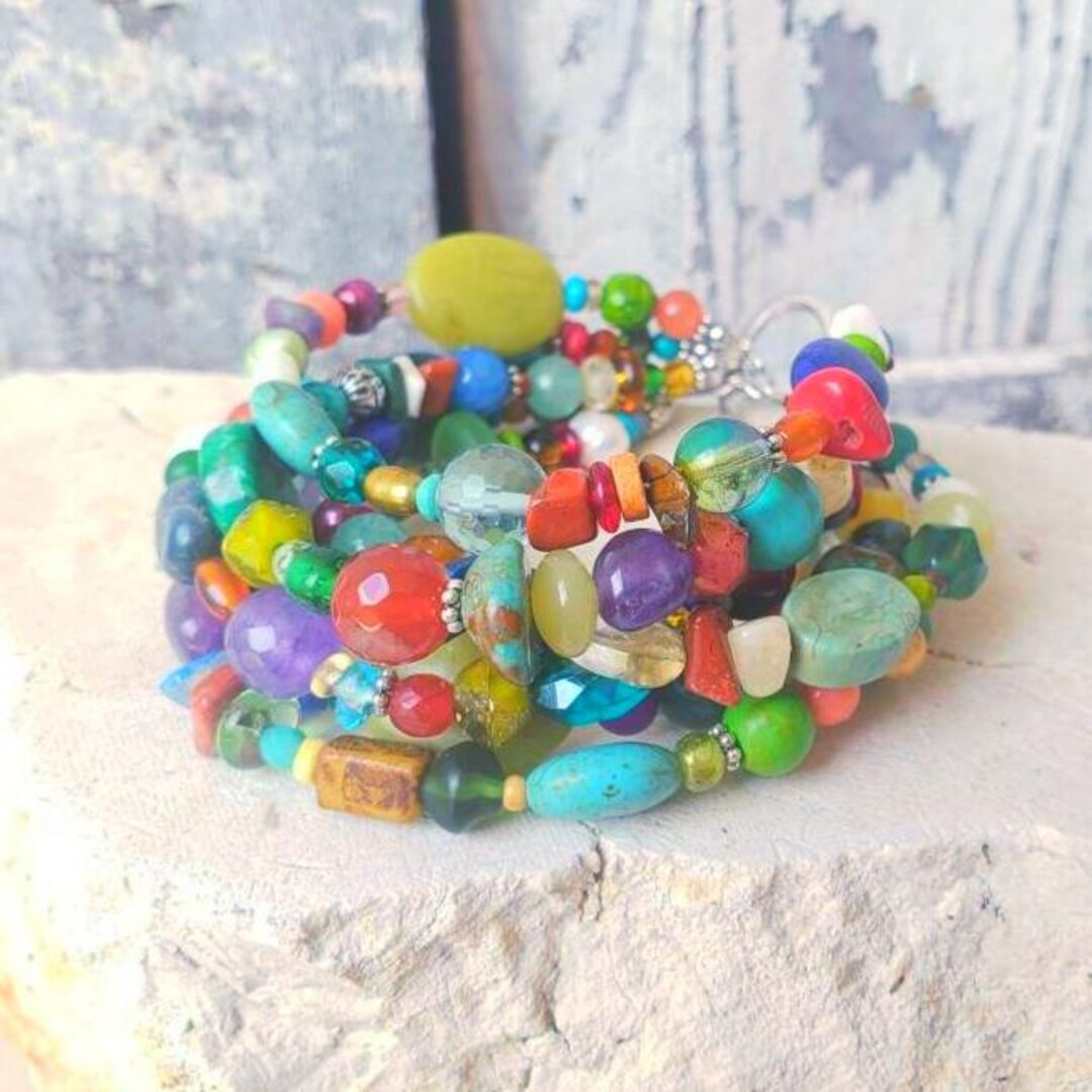 Multi Color Beaded Bracelet. Six Strand Bracelet. Chunky Boho Bracelet ...