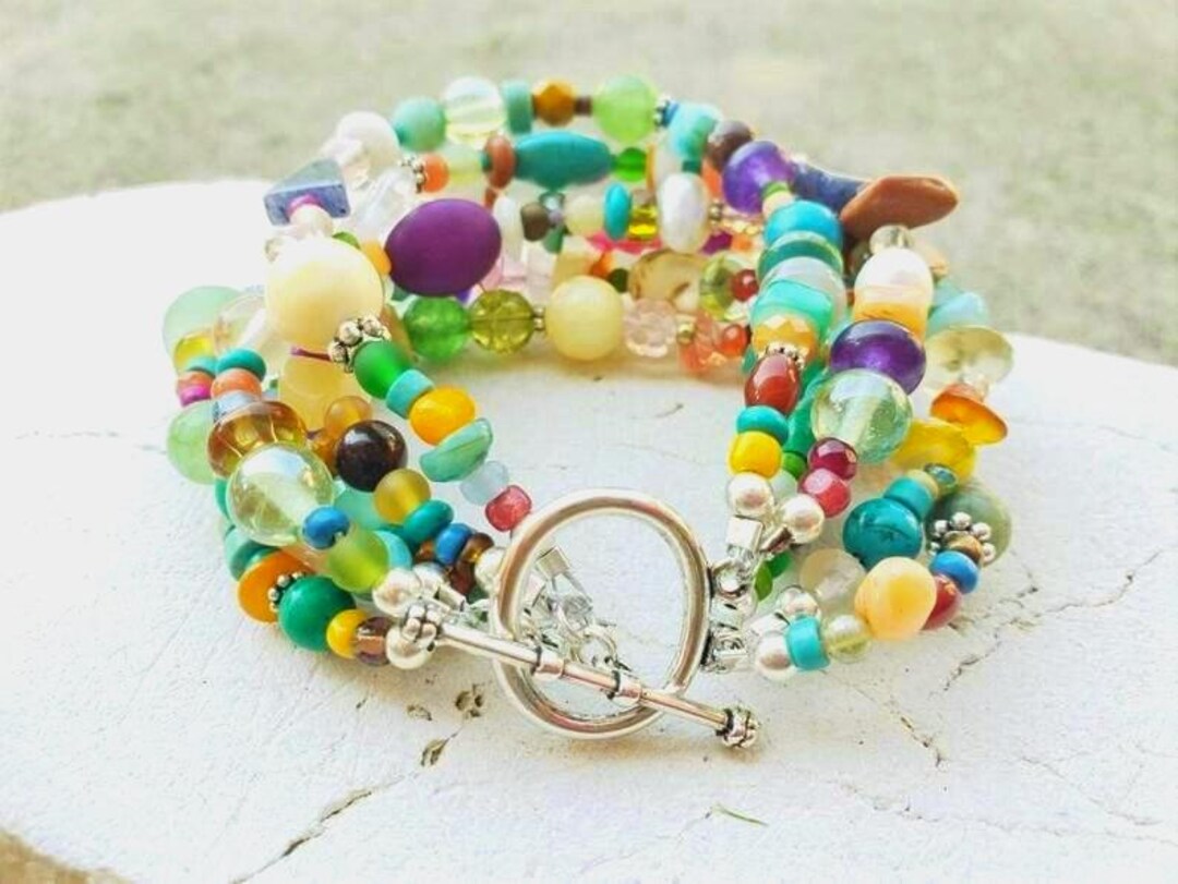 Multi Color Beaded Bracelet. Six Strand Bracelet. Chunky Boho Bracelet ...