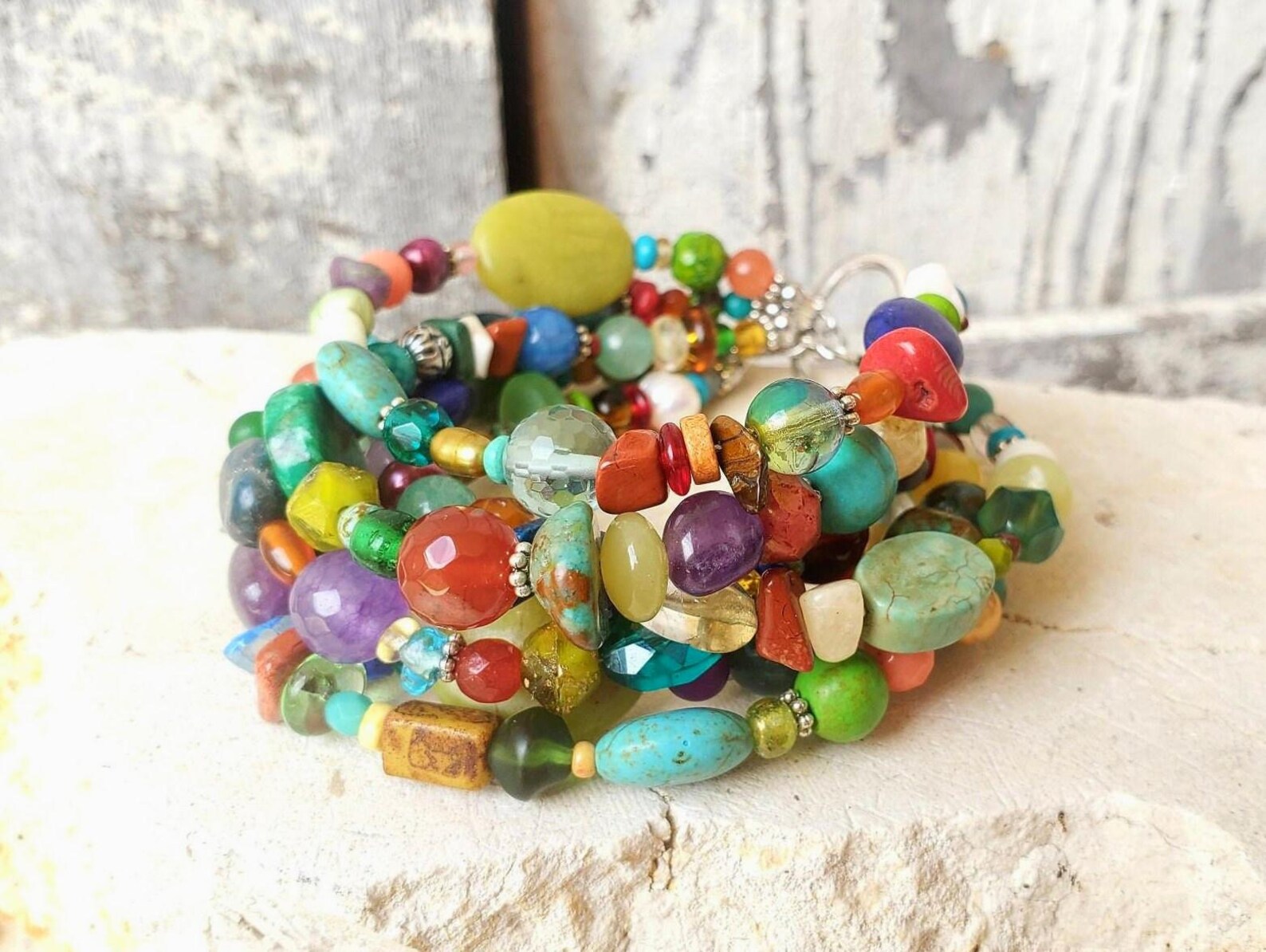 Multi Color Beaded Bracelet. Six Strand Bracelet. Chunky Boho Bracelet ...