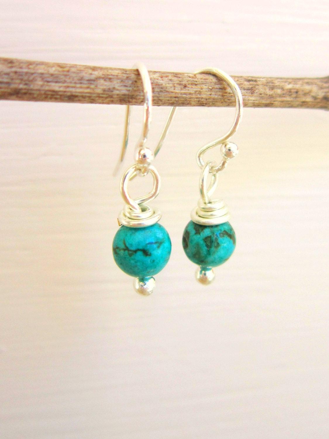 Small Genuine Turquoise Earrings. 6mm Natural Turquoise Dangle Earrings ...