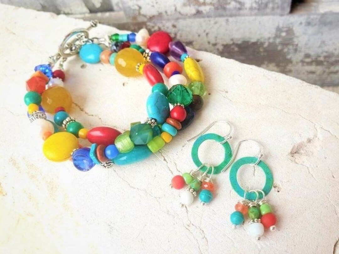 Colorful Semi Precious Stone Jewelry Set. Multi Color Bracelet and ...
