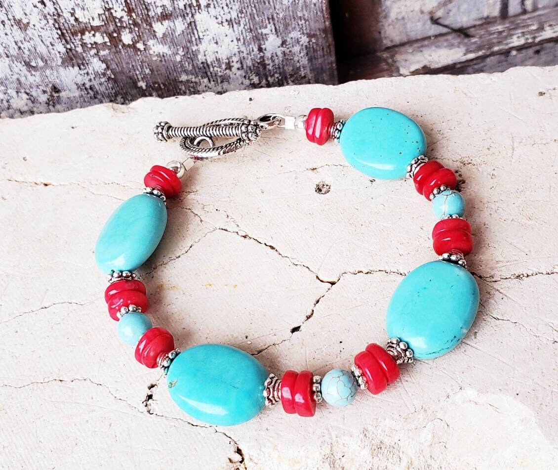 Genuine Red Coral and Turquoise Bracelet.Turquoise Toggle | Etsy