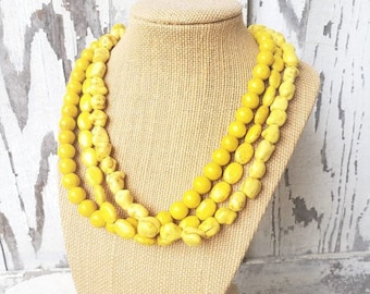 Yellow Turquoise Statement Necklace. Triple Strand Yellow Howlite ...
