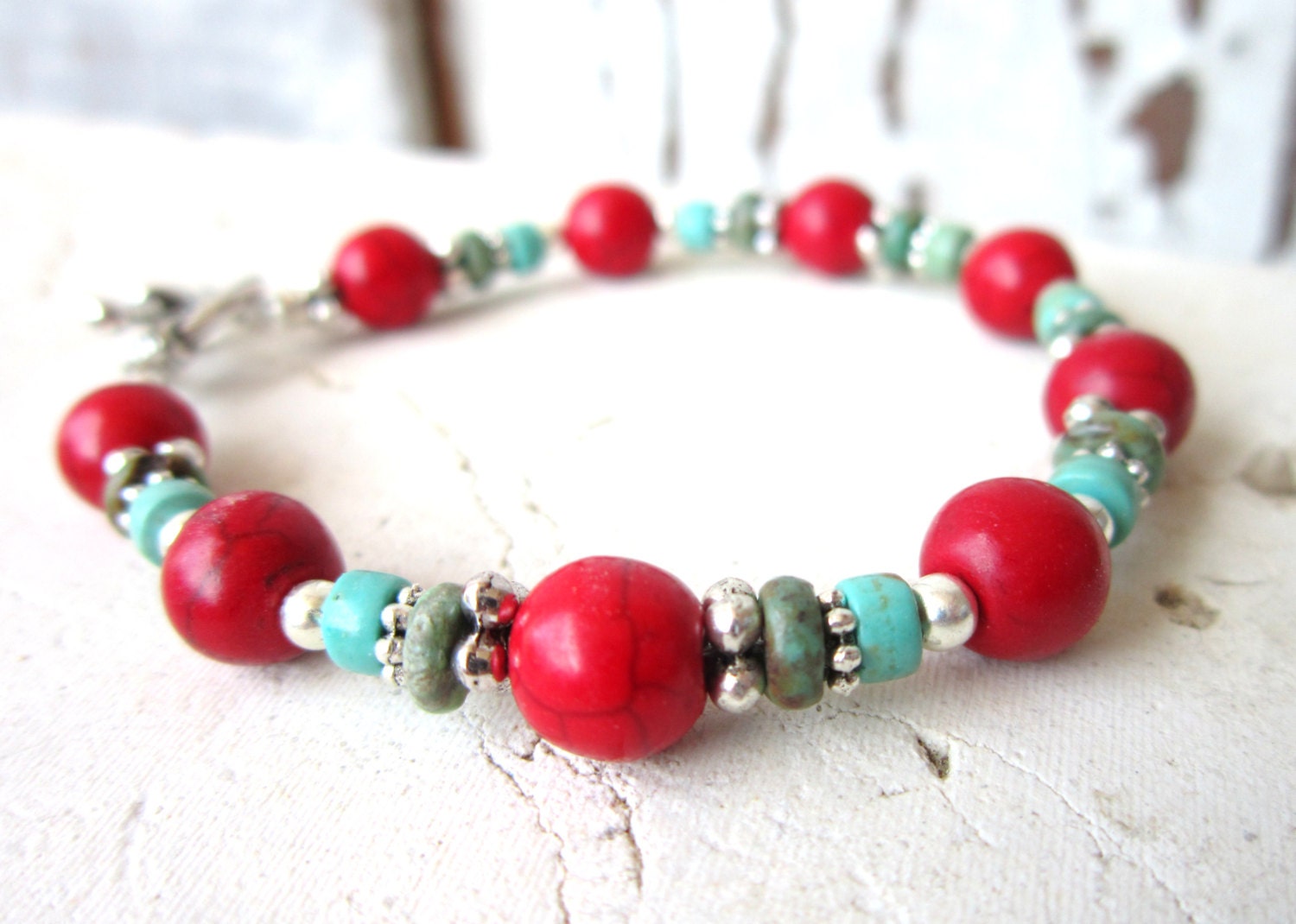 Genuine Turquoise & Red Coral Bracelet. Turquoise Toggle | Etsy