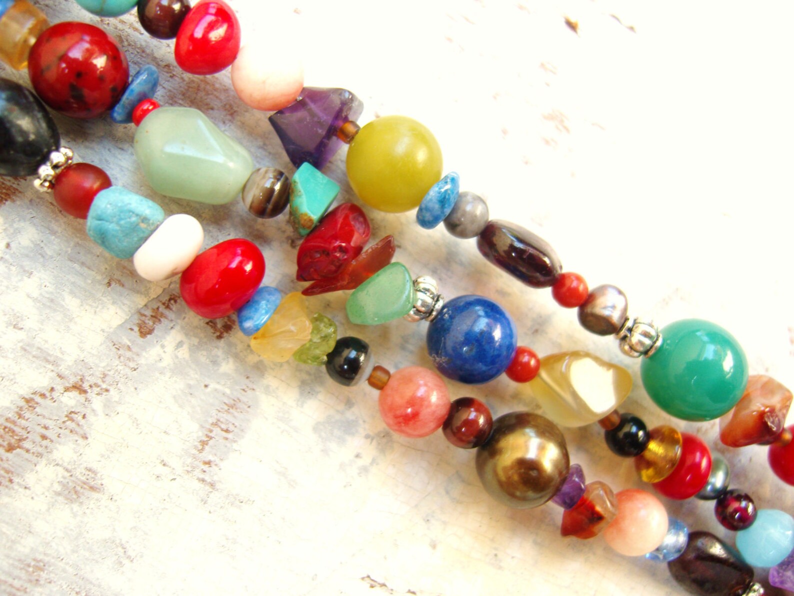 Multi Color Necklace. Multi Semi Precious Stone Necklace. Three Strand ...
