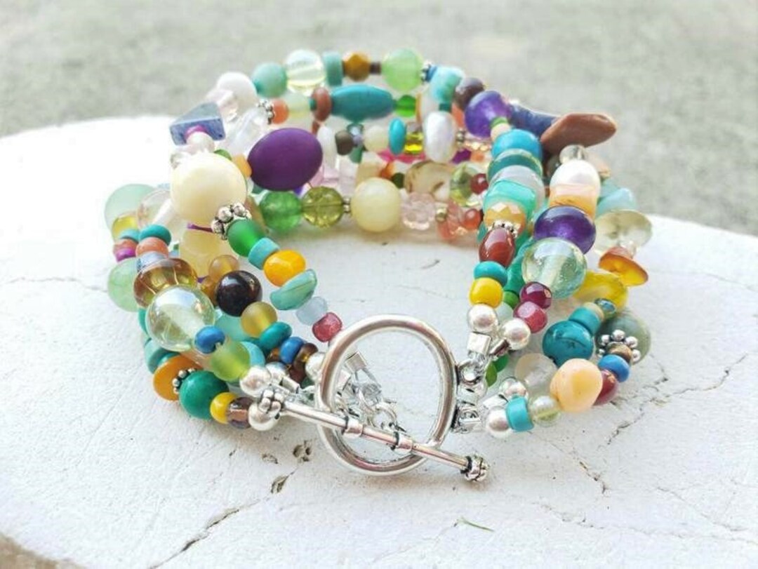 Multi Color Beaded Bracelet. Six Strand Bracelet. Chunky Boho Bracelet ...