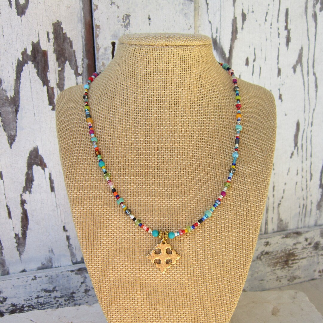 Colorful Beaded Necklace With Gold Cross Pendant. Multi Color Cross ...