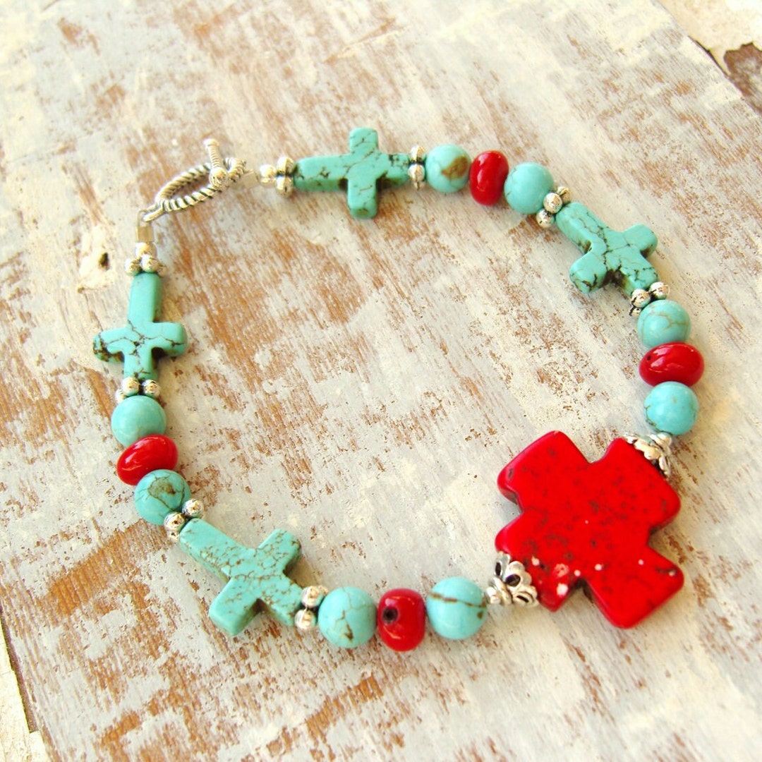 Red and Turquoise Bracelet. Turquoise and Red Cross Bracelet. Turquoise ...
