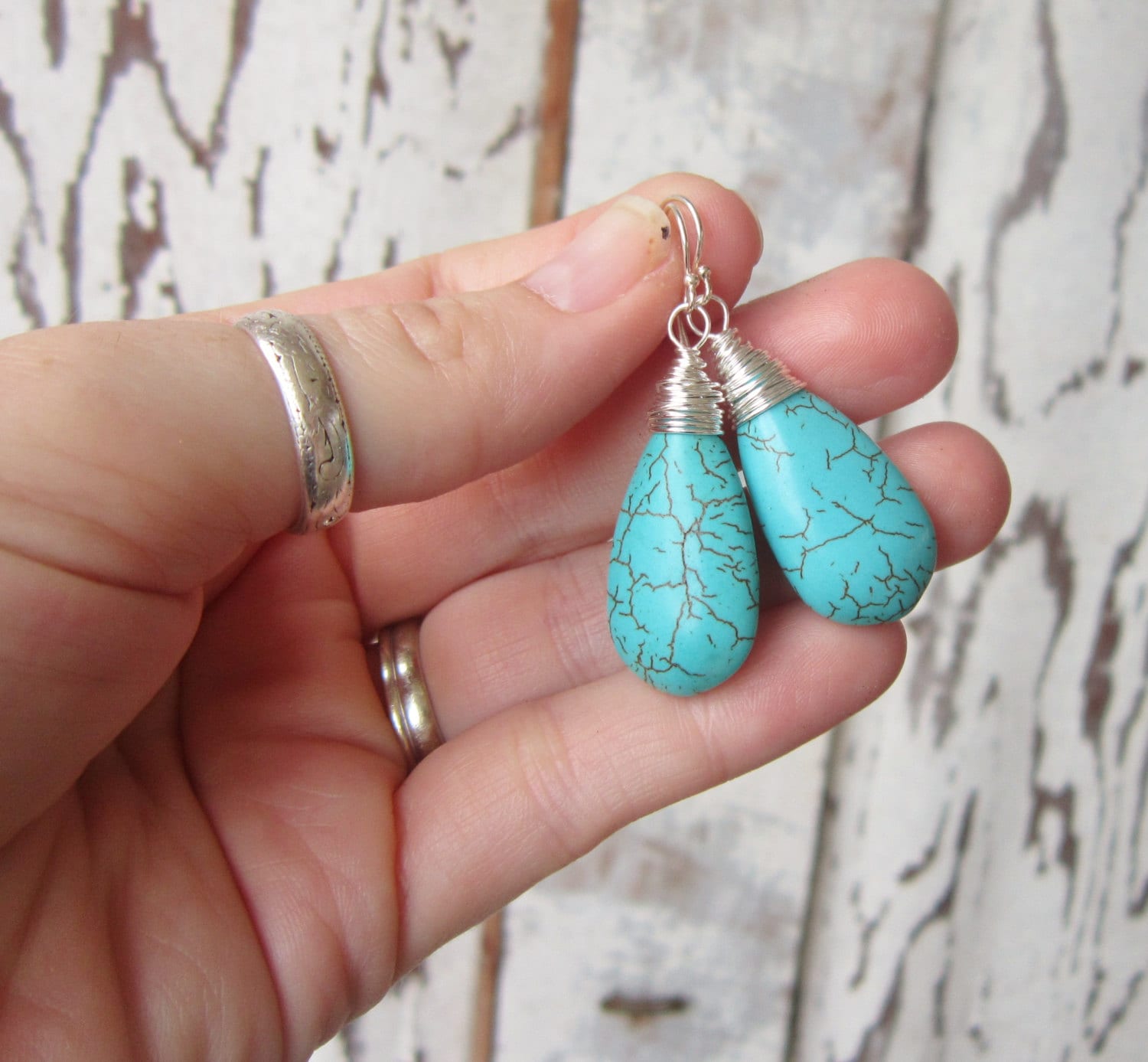 Long Turquoise Earrings Dangle. Wire Wrapped Turquoise Howlite Dangle ...