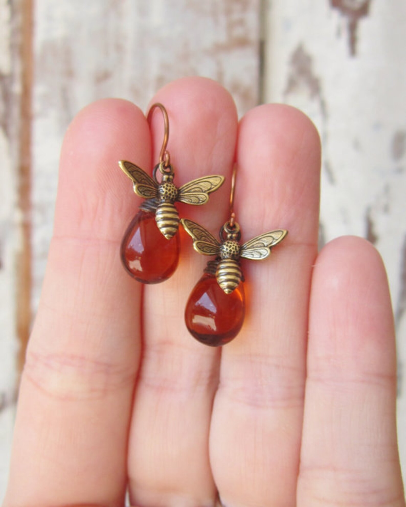 Honey Bee Jewelry.honey Bee Earrings. Wire Wrapped Drops Honey Amber ...