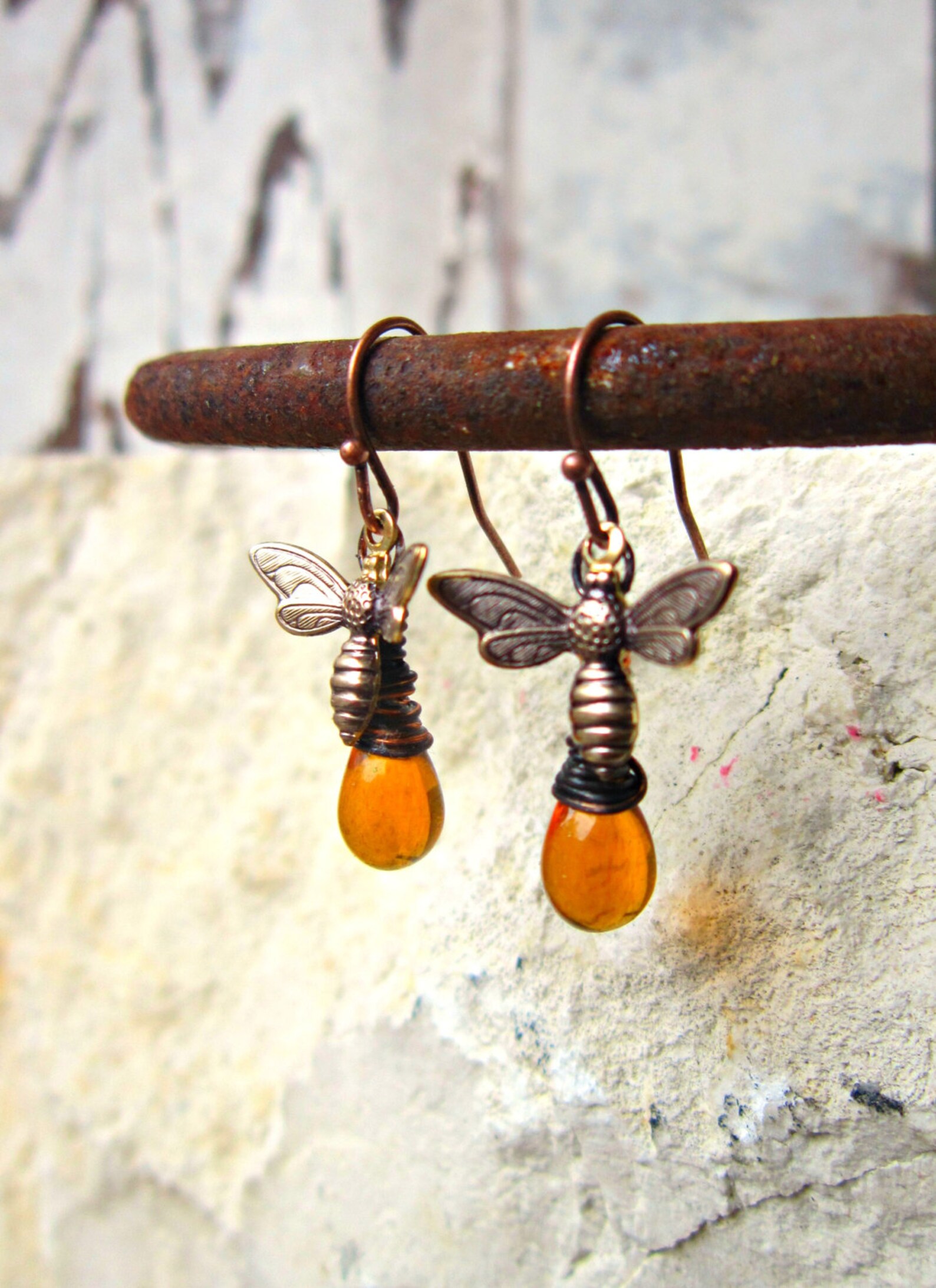 Honey Bee Earrings. Honey Bee Jewelry. Wire Wrapped Briolette Honey ...